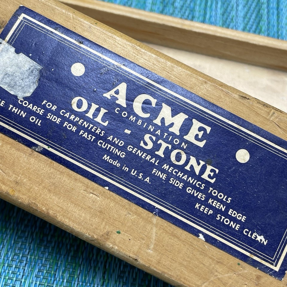 Vtg ACME COMBINATION OIL STONE in Original Dovetail Wood Box Sharpening ...