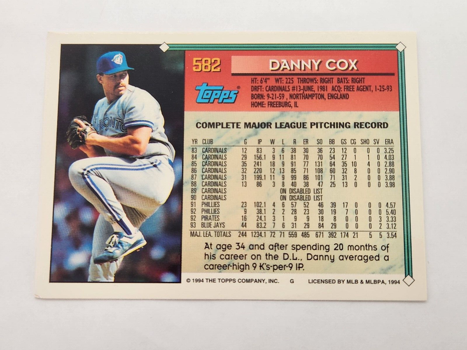 1994 Topps Toronto Blue Jays Baseball Card #582 Danny Cox | eBay