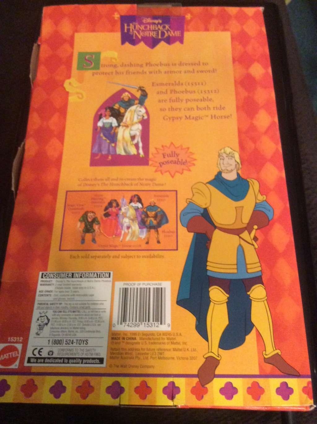 Disney hunchback notre dame PHOEBUS doll by Mattel 1995 armour sword ...