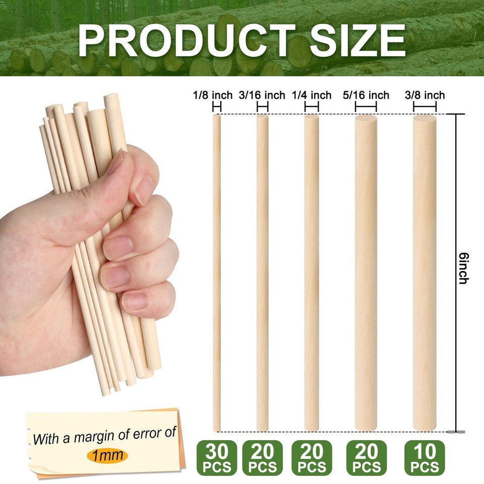 100 Pieces Wooden Dowel Rods Assorted Sizes Wooden Dowels 1/8, 3/16, 1/ ...