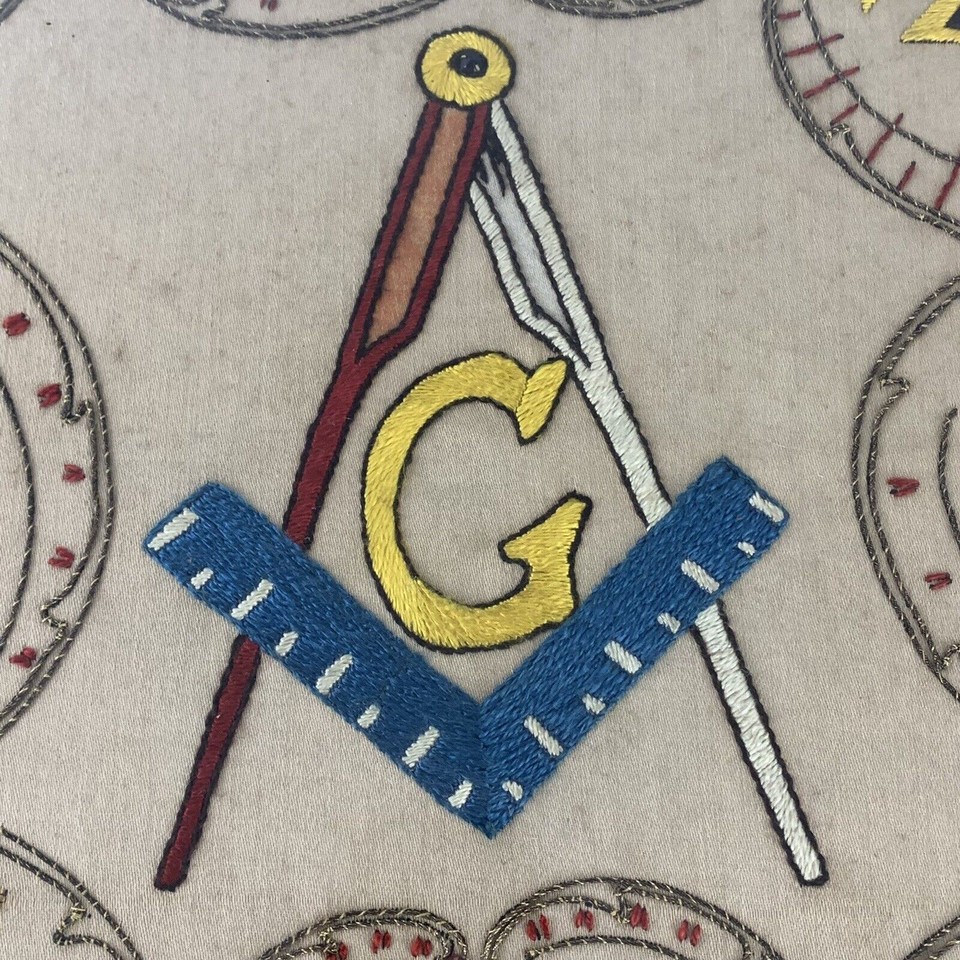 VTG RARE Masonic Embroidered Patches Framed Large DISPLAY Antique 28x28 ...