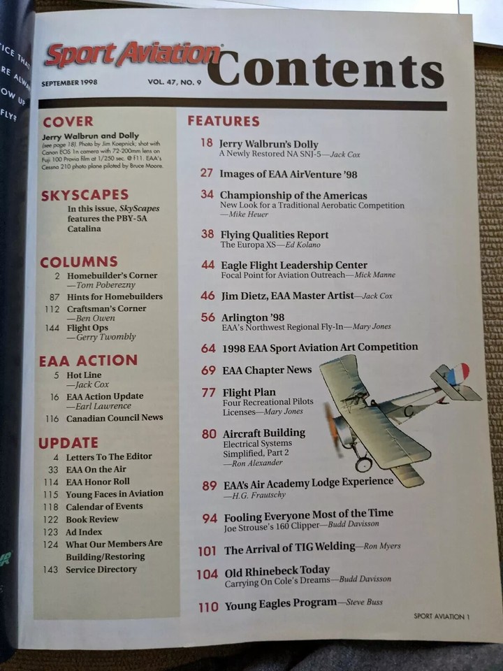 SPORT AVIATION MAGAZINE SEPTEMBER 1988, PBY CATALINA, SNJ, EAA, ART ...