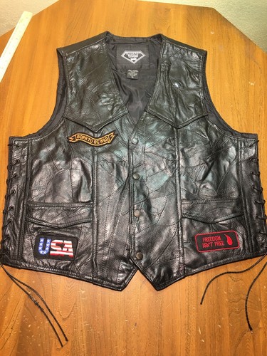 Diamond Plate Patch Leather Vest Genuine Buffalo Motorcycle Mens XL ...