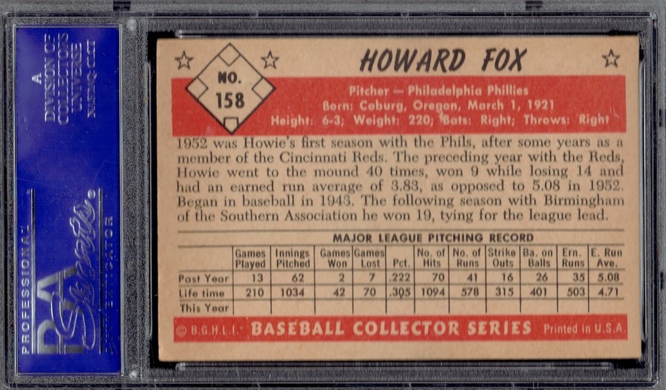 1953 Bowman Color 158 Howard Fox. PSA 5 EX HIGH NUMBER. (TX8937). | eBay