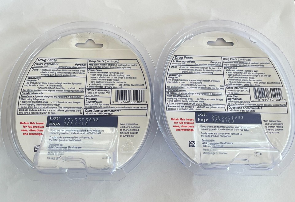 Abreva Cold Sore/Fever Docosanol 10% Cream Tube 2g, *LOT OF 2* NEW VIEW ...