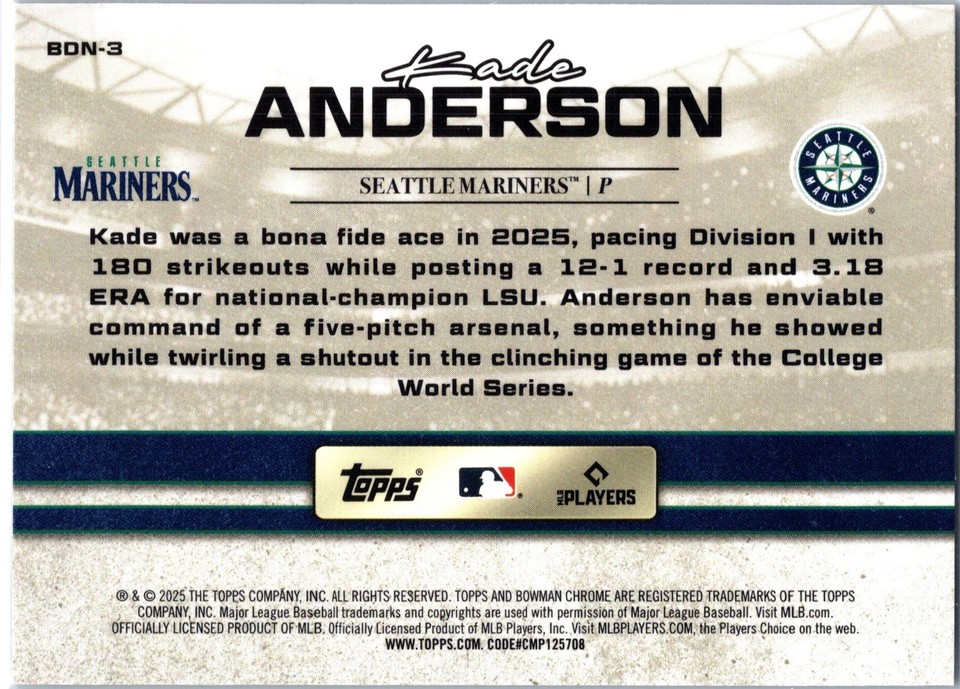2025 Bowman Draft Kade Anderson Draft Night 25 RC BDN-3 Mariners | eBay