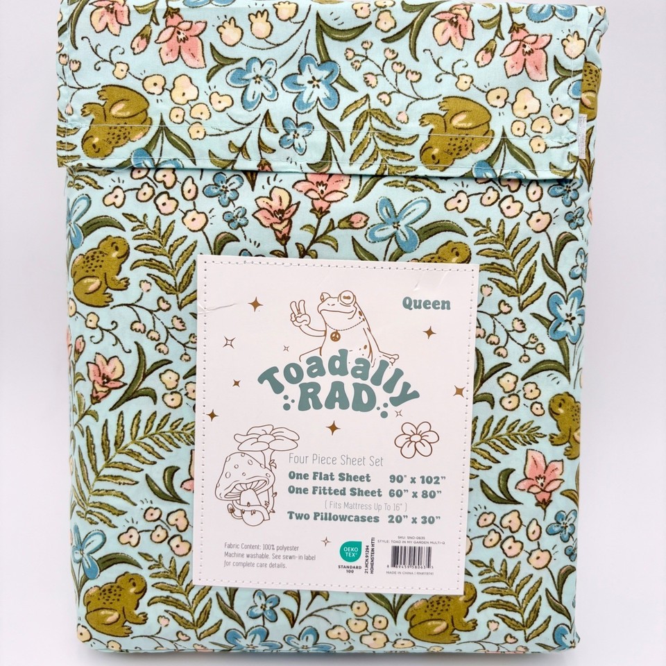 Toadally Rad Sheet Set Frog Floral Print Bedding 4 Piece Queen NEW | eBay