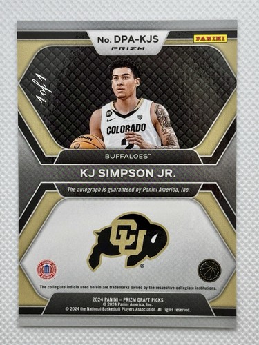 BLACK 1/1 AUTO 2024 Prizm Draft Picks RC KJ Simpson Jr Hornets Colorado ...