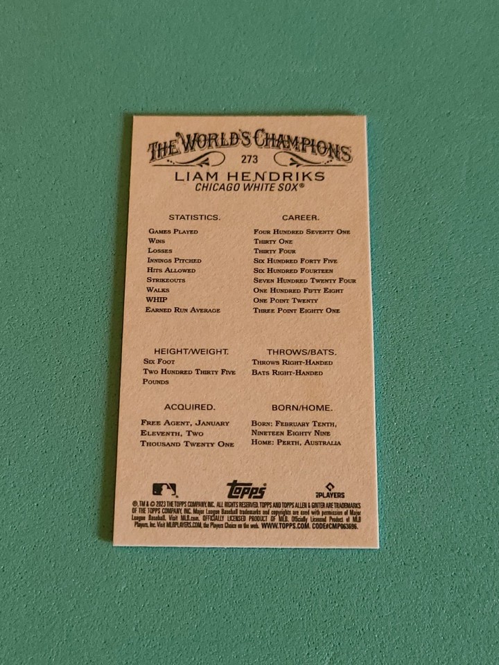 2023 Liam Hendriks SP Topps Allen & Ginter #273 Mini Black Border | eBay