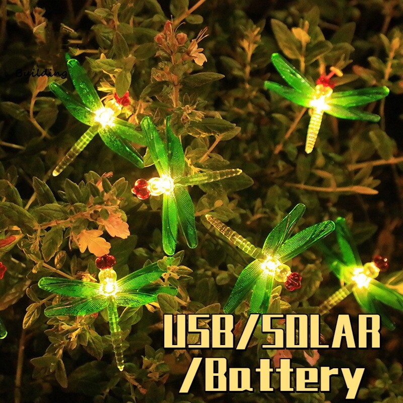 10-50 LED String Lights Green Dragonfly Fairy Lights Solar Battery USB ...