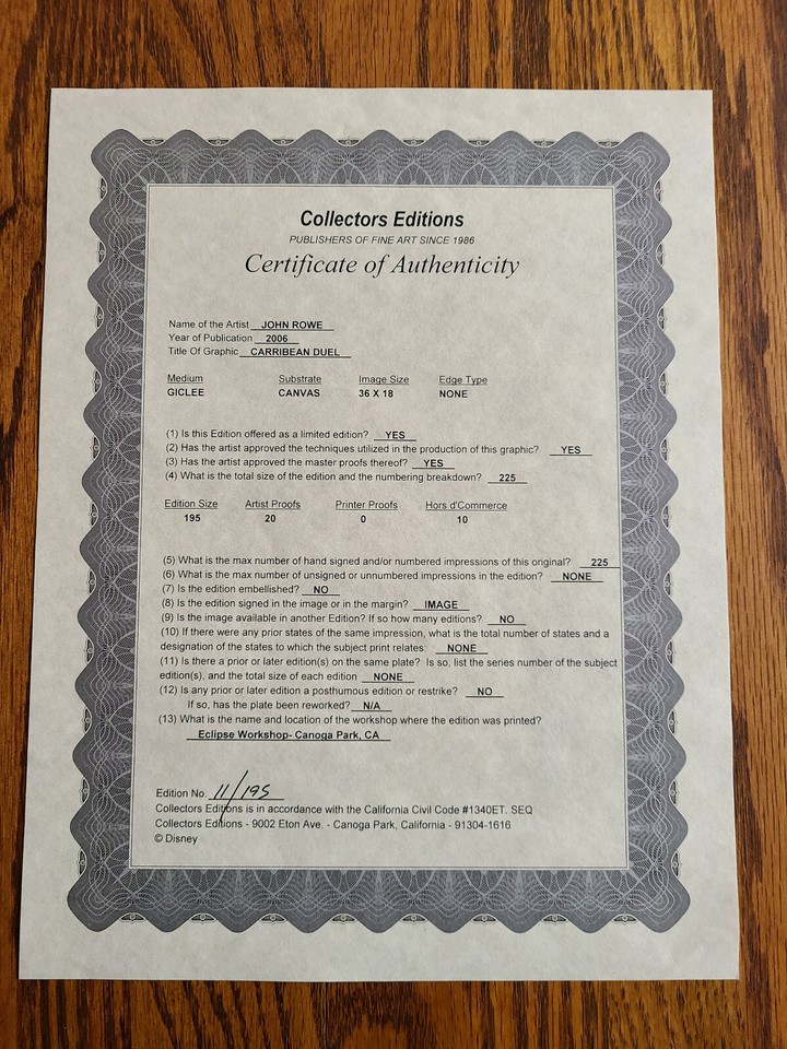 Disney Fine Art - John Rowe "Carribean Duel" Giclee on Canvas (LE 11/ ...