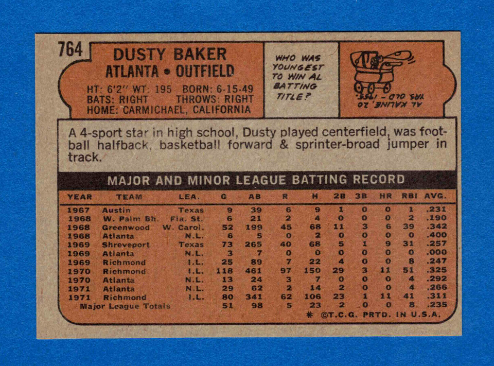 1972 TOPPS #764 DUSTY BAKER BRAVES HIGH NUMBER CARD - NR MINT | eBay