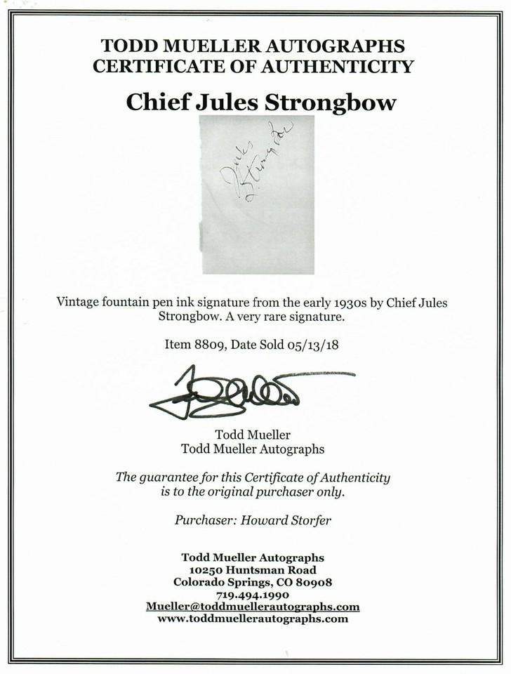 RARE! "Wrestling Legend” Chief Jules Strongbow Hand Signed Book Page ...