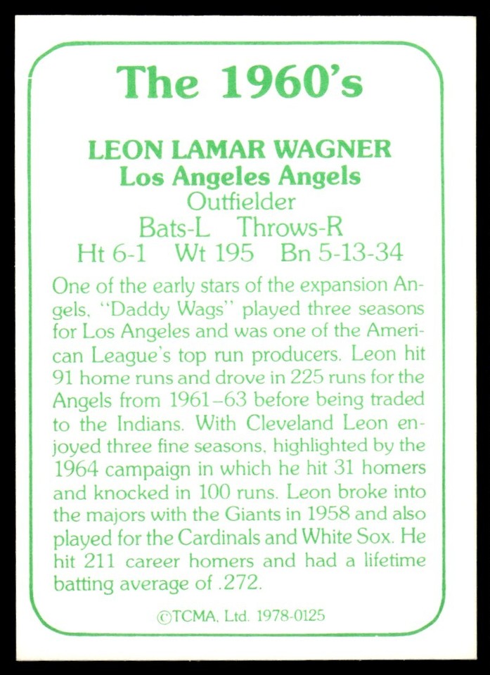 1978 TCMA The 1960's I Leon Wagner Los Angeles Angels #125 | eBay