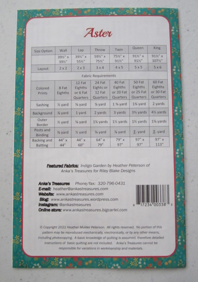 Aster Quilt Pattern ANK338 Anka's Treasures 6 Sizes | eBay