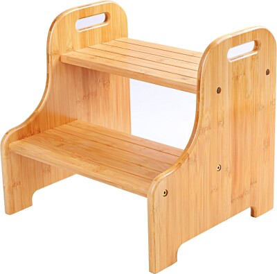 Bamboo 2 Step Stool with Non-Slip Step Treads & 2 Cutout Handles ~NEW ...