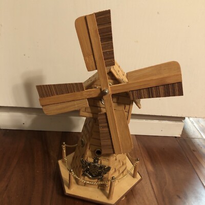 Vintage Bamboo Wood Windmill Music Box And Saving Bank home Decor | eBay