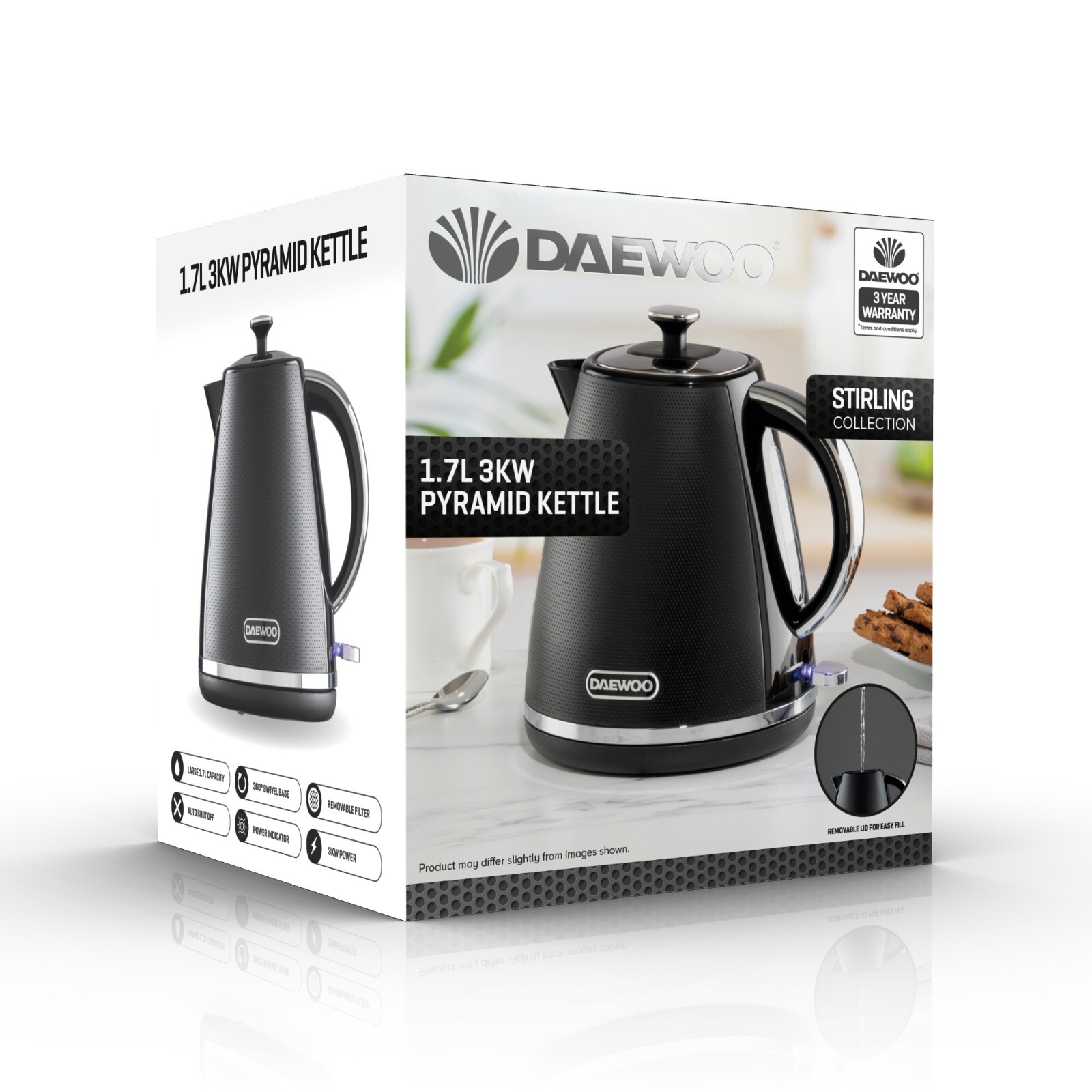 Daewoo Stirling Pyramid Kettle 1.7L Cordless 360 Base 3KW Rapid Boil ...