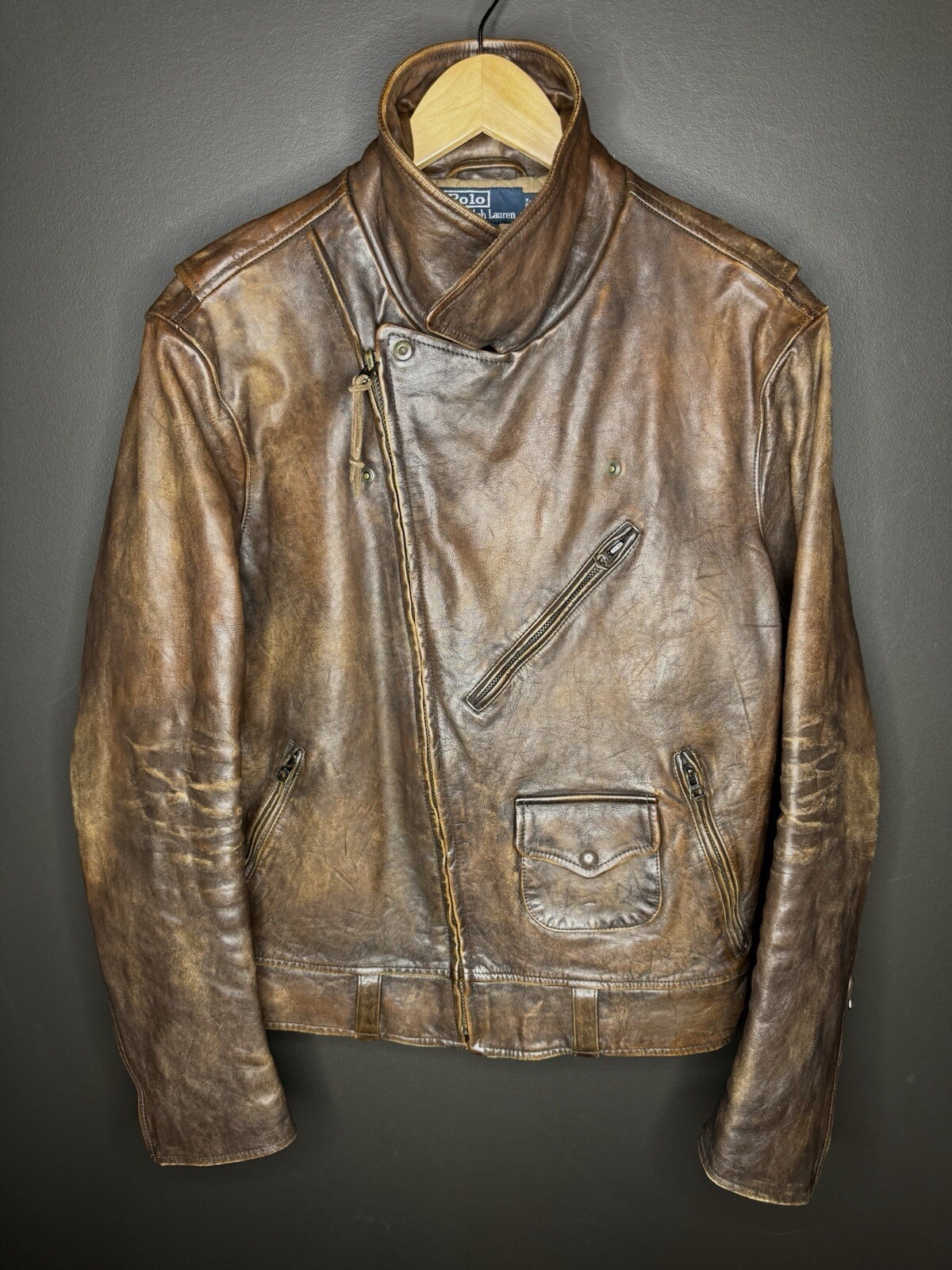 Polo Ralph Lauren Medium Brown Leather Jacket Moto Biker Coat RRL VtG ...
