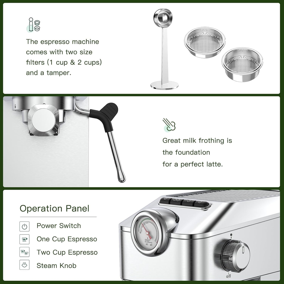 Espresso Machine, 20 Bar Stainless Steel Espresso Maker Silver Coffee ...