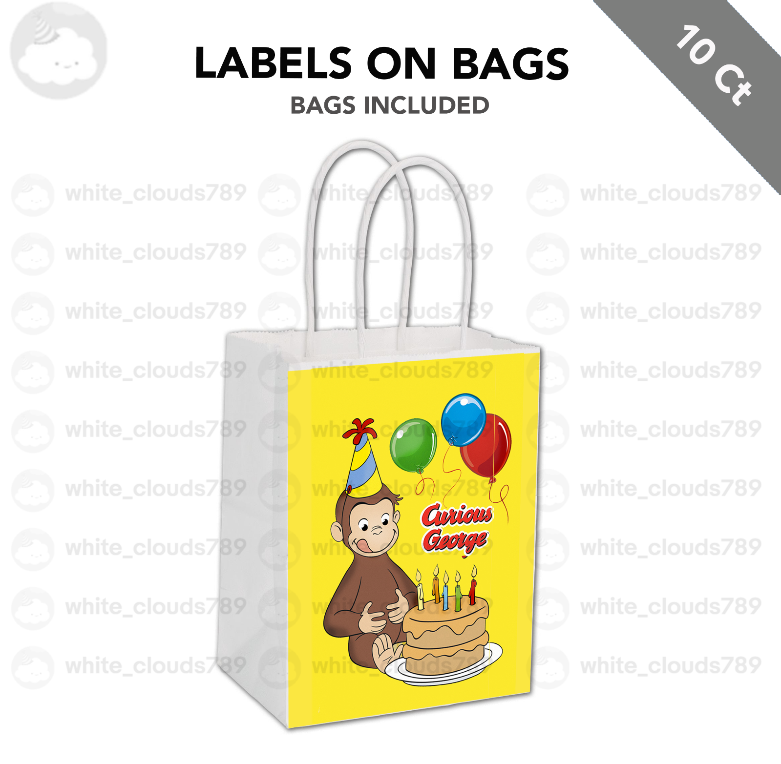 10 Curious George Label on White Kraft Gift Bag Birthday Party Favor 5. ...