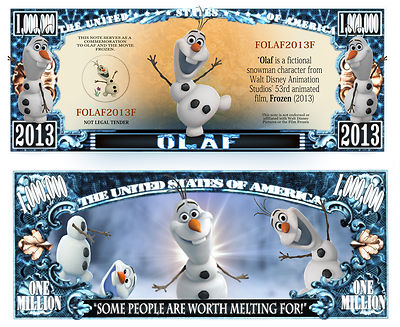 Olaf of Frozen Million Dollar Bill Play Funny Money Novelty Note + FREE ...