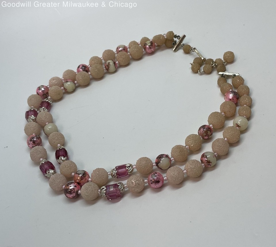Vintage Japan Silver Tone double Strand Textured Bead Necklace ...