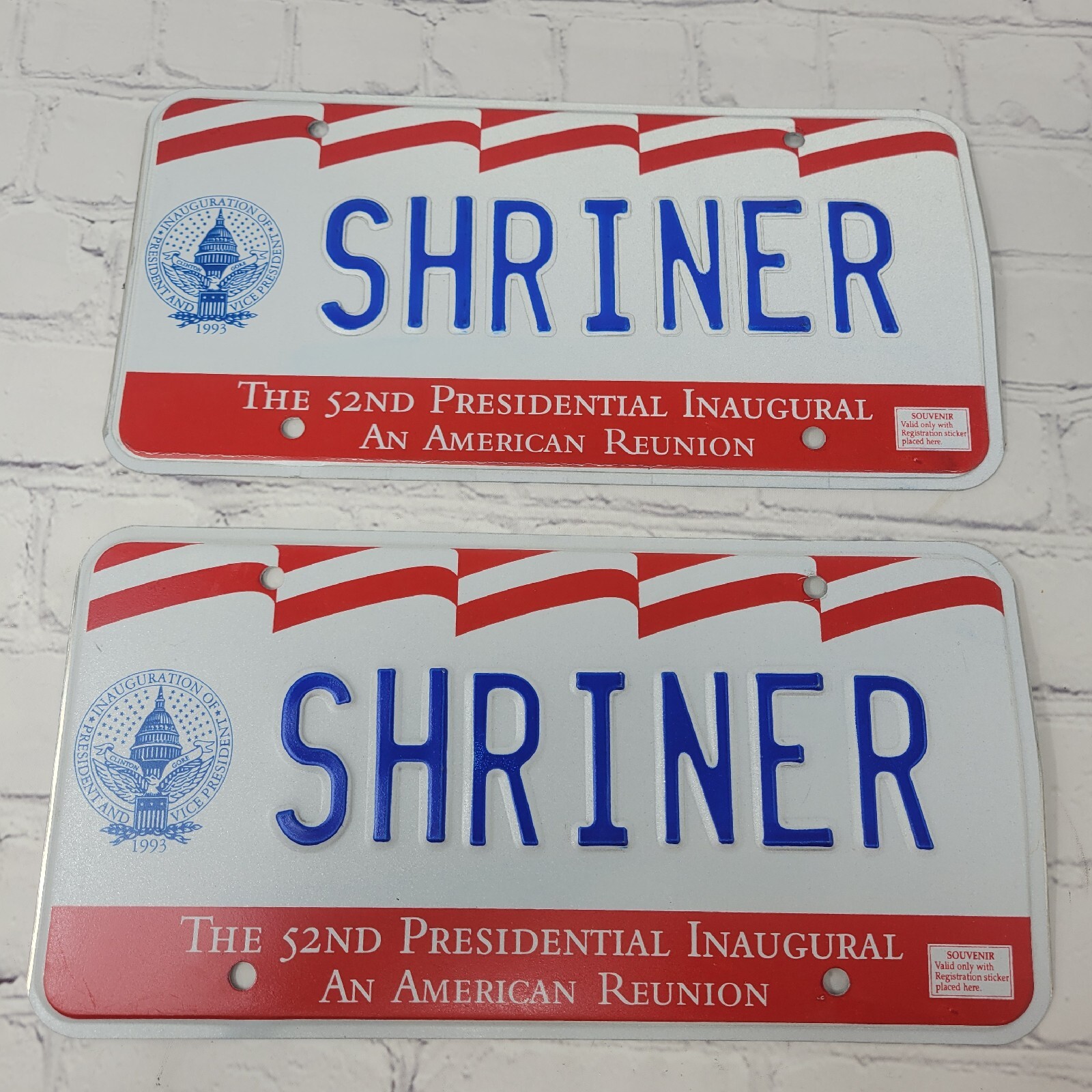 SHRINER Pair 1993 52nd Presidential Inaugural License Plate Vanity ...