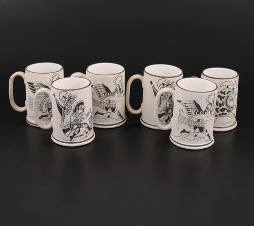 6 Peruvian Hand Made & Painted Ceramic Beer / Coffee Mugs Bold Incan ...