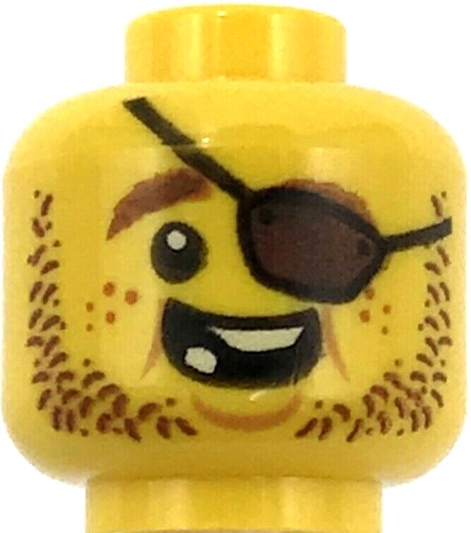 Lego New Yellow Minifigure Head Beard Brown Stubble Eyepatch Open Grin ...