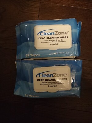 2X New Clean Zone CPAP Cleaner Wipes 62 8x5" unscented 100% cotton Two ...