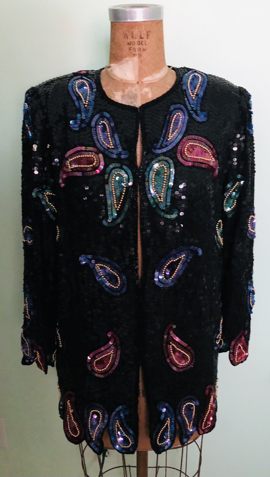 VTG. SCALA BEADED SEQUIN SILK JACKET BLACK W/MULTICOLOR PAISLEY PATTERN ...