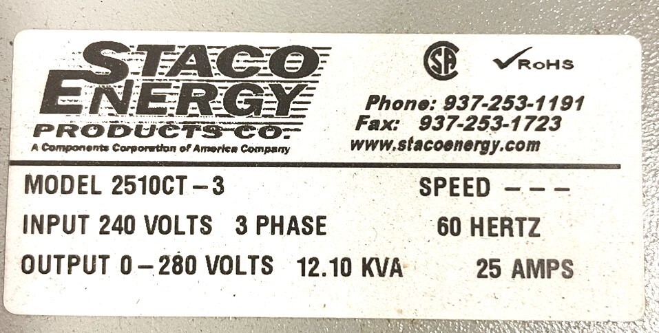 STACO VARIAC VARIABLE TRANSFORMER 2510CT-3. 240V, 3ph, 25A *NEW OPEN ...