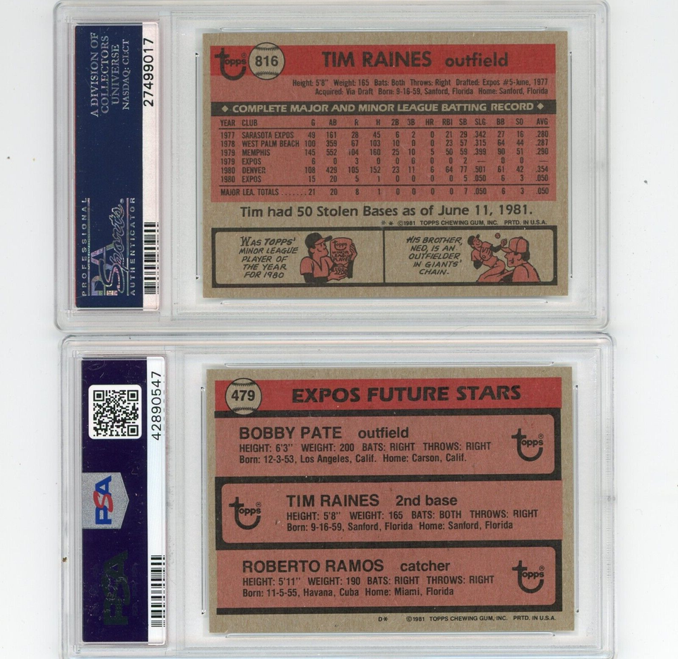 1981 (2) Lot TIM RAINES (HOF) ROOKIE RC Topps TRADED #816 PSA 8/Topps ...