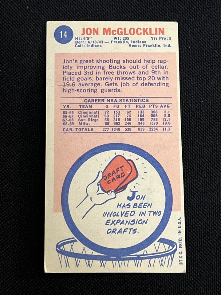 JON McGLOCKLIN 1969-70 TOPPS ROOKIE SIGNED AUTOGRAPHED CARD #14 ...