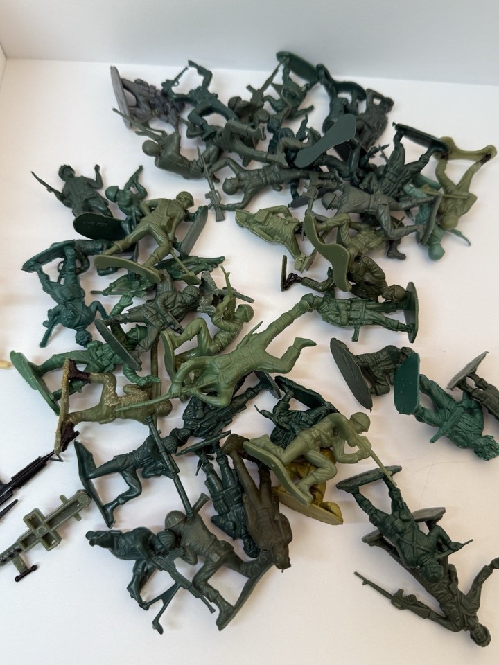 Collection of Classic Mixed Green Tan, Grey Army Men Toy Soldiers in a ...