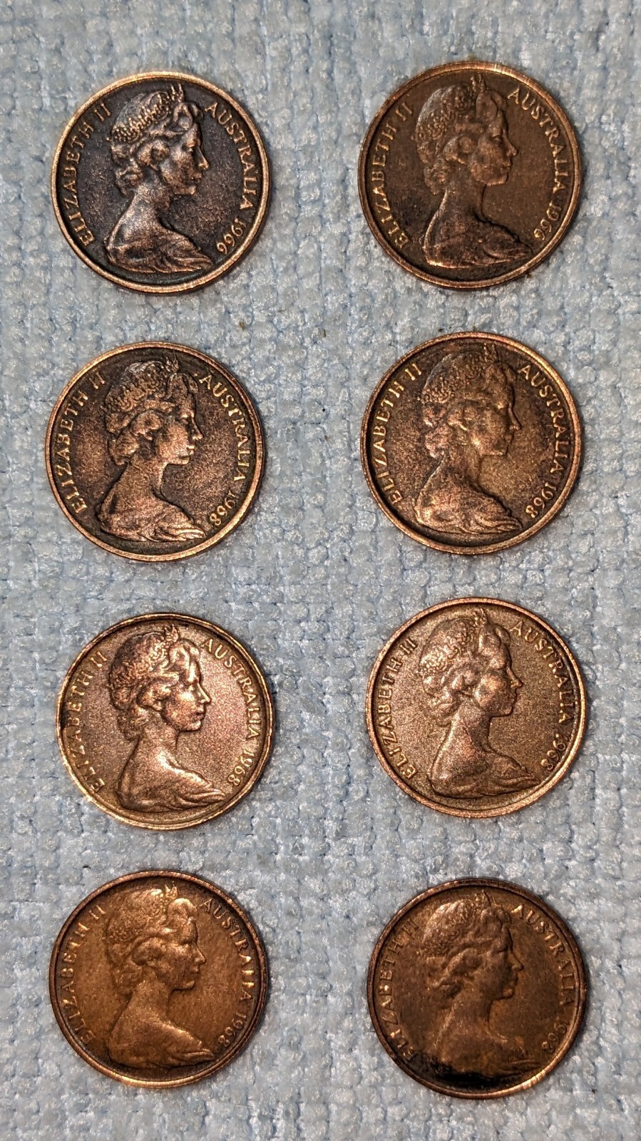 1 - 2 CENT COINS 2 x 1966 + 6 x 1968 AUSTRALIA RARE RAINBOW TONES 30x ...