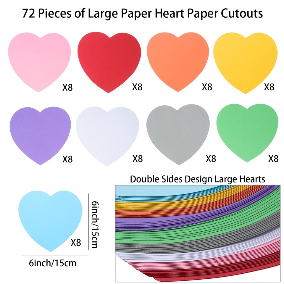 72 Pcs Heart Cutouts Paper Hearts 6 Inches Heart Shaped Cards Large ...
