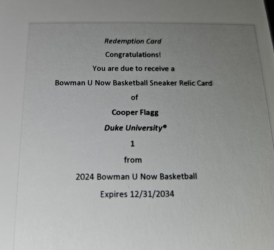 Cooper Flagg Bowman U Now BASKETBALL REDEMPTION CARD SNEAKER RELIC CARD ...