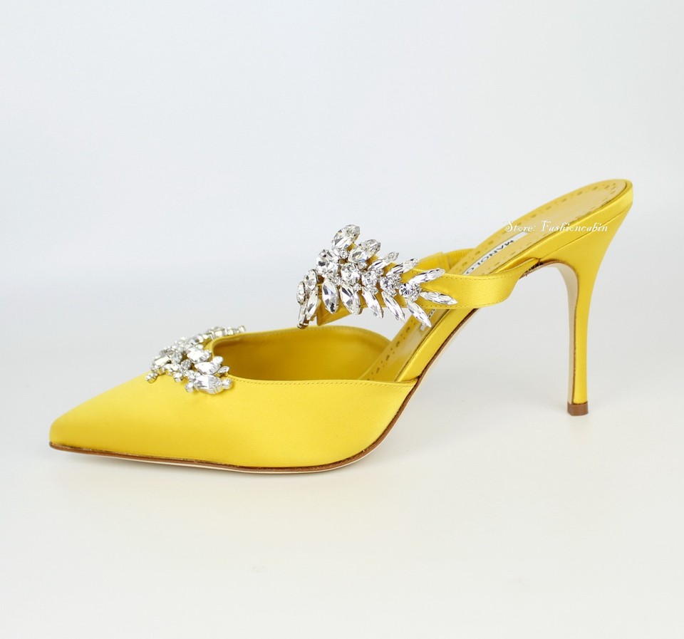 NEW MANOLO BLAHNIK Lurum Embellished Satin Mules, Yellow, EUR 42, MSRP ...