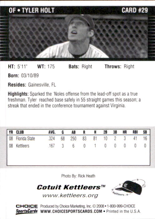 2008 Cotuit Kettleers Choice #29 Tyler Holt Gainesville Florida FL ...