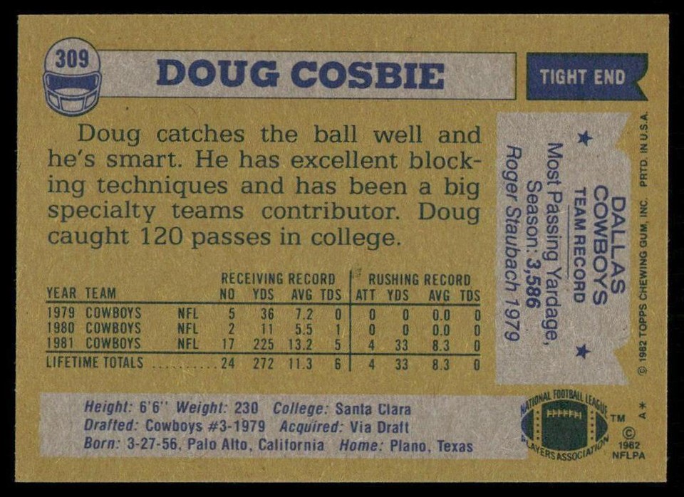 1982 Topps Doug Cosbie RC Football Card #309 Dallas Cowboys | eBay