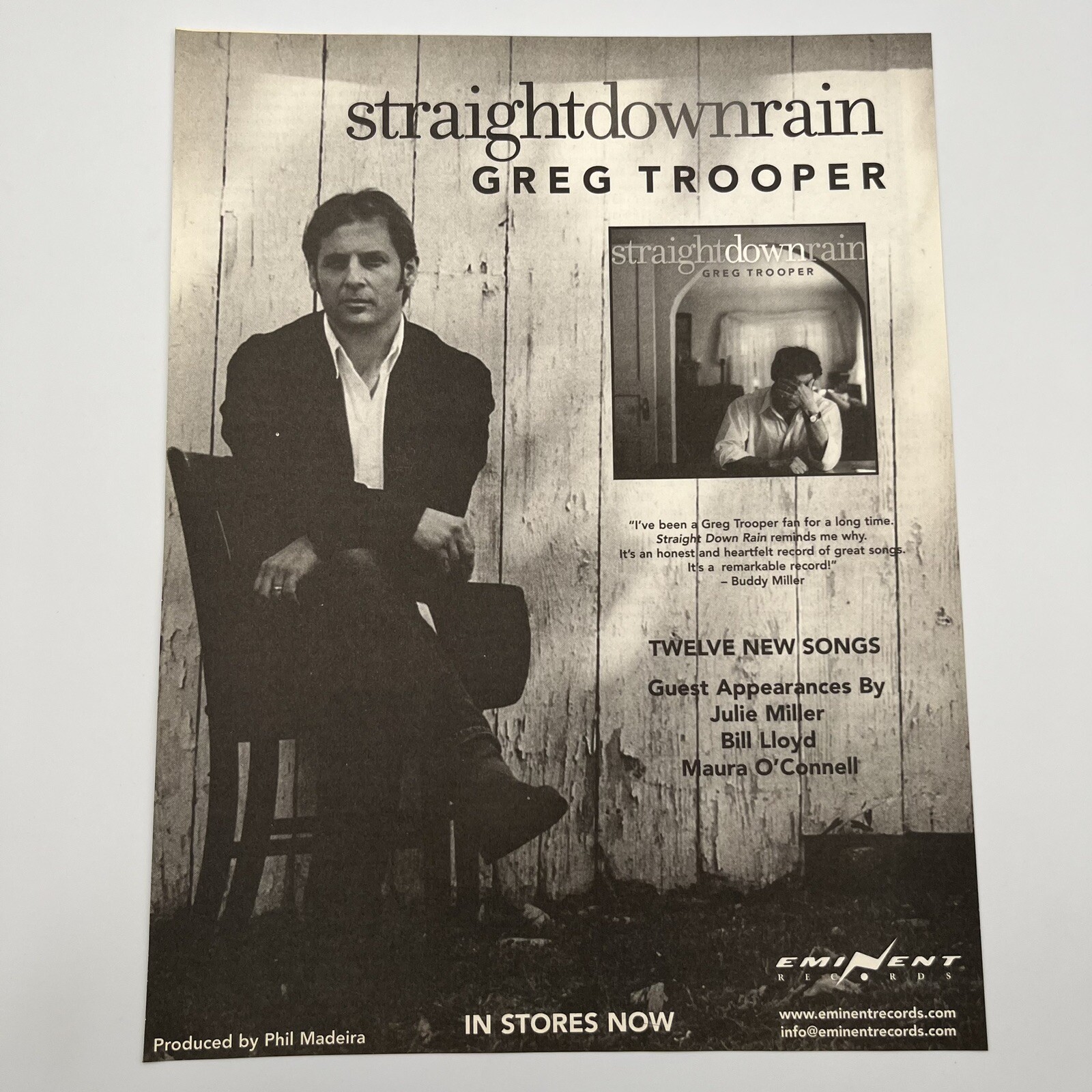 Greg Trooper Straight Down Rain Album 2001 Print Ad AD ONLY 8x10.5 Alt ...