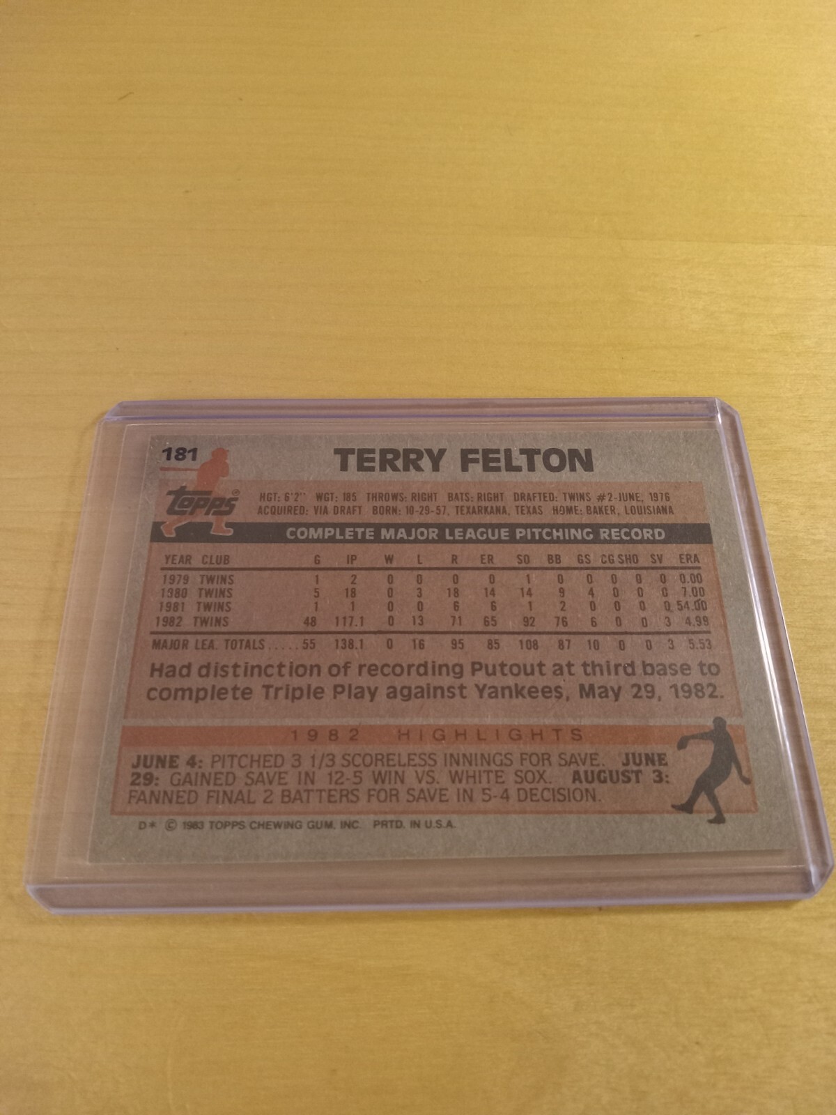 1983 Topps #181 TERRY FELTON Minnesota Twins Baseball Card, Pitcher ...