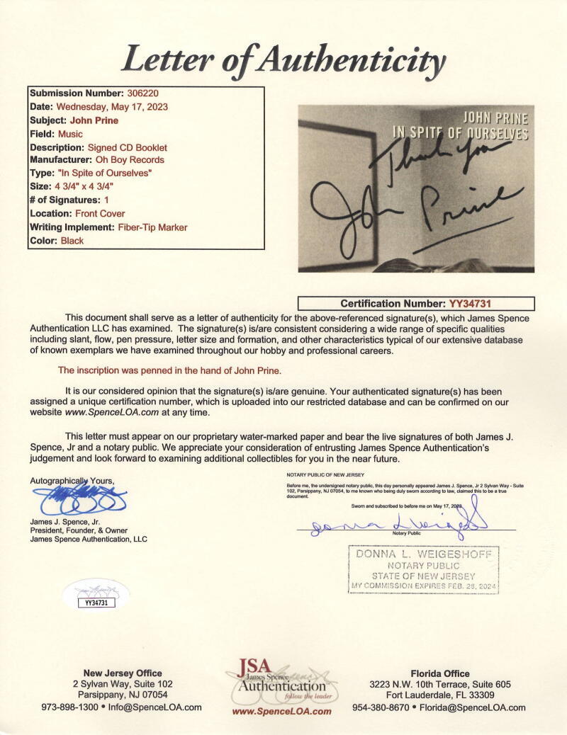 John Prine Signed Autograph In Spite of Ourselves Framed CD Display w ...