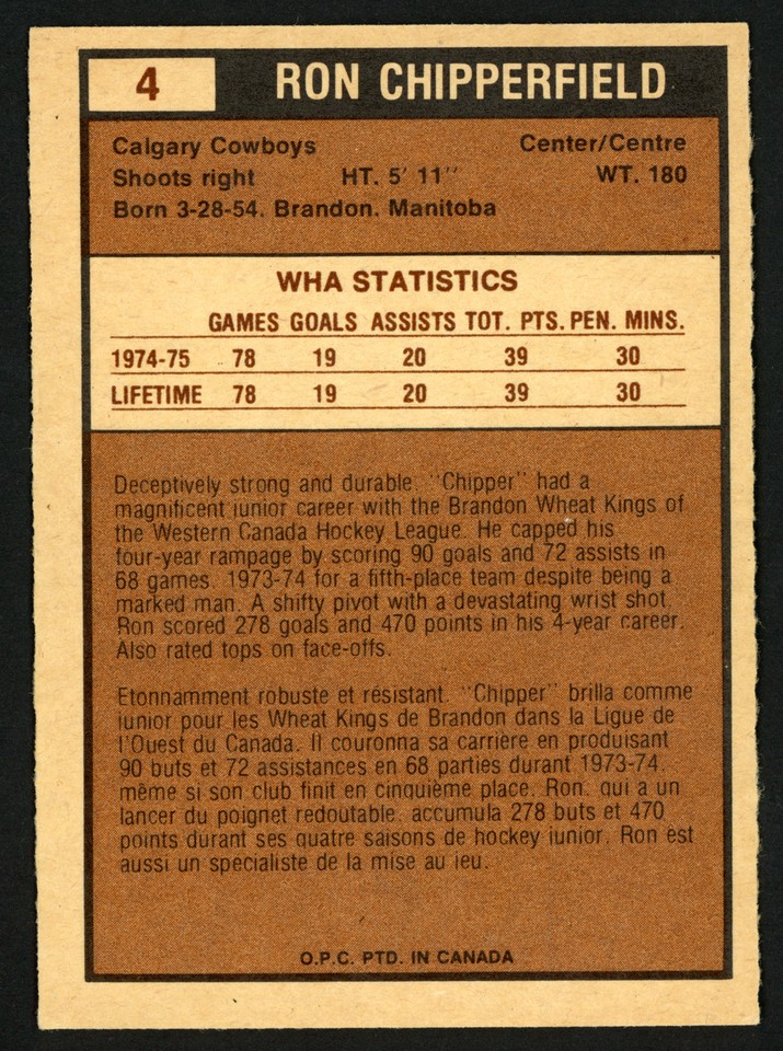 Ron Chipperfield Autographed Signed 1975-76 WHA OPC Card Calgary ...