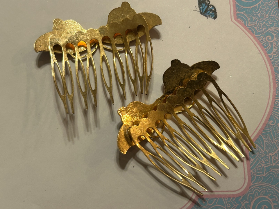 Set of 2 Vintage Cloisonné Gold Tone Hair Combs Enamel Butterfly Pre ...