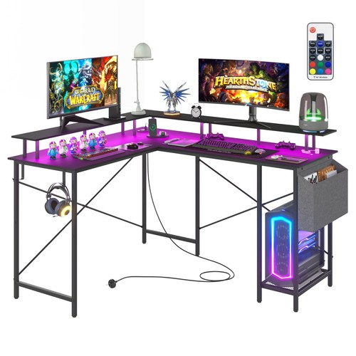 L Shaped Gaming Desk with LED Lights & Power Outlets, 150cm Corner ...