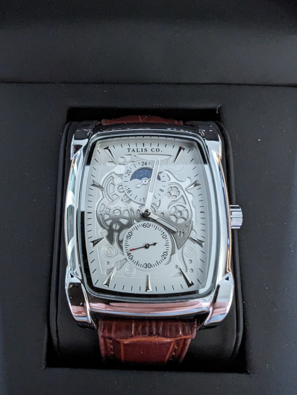 Talis Co Watch Moon Phase Movement Brown Leather Strap Silver Bezel ...