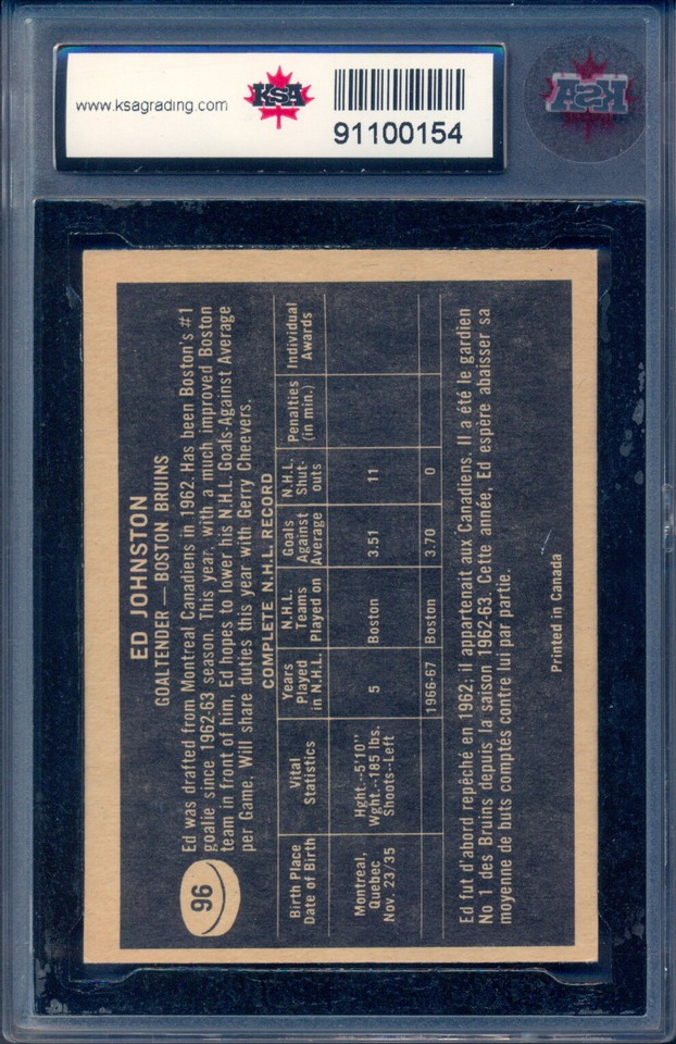 1967-68 TOPPS NHL Hockey #96 Ed Johnston HOF KSA 8.5 NM-MT + Boston ...